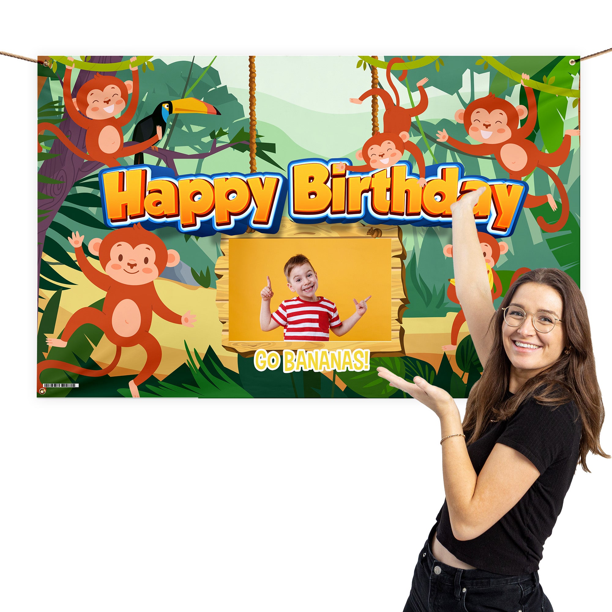 Monkey Party Birthday Banner - Personalised 5ft x 3ft Fabric Banner ...