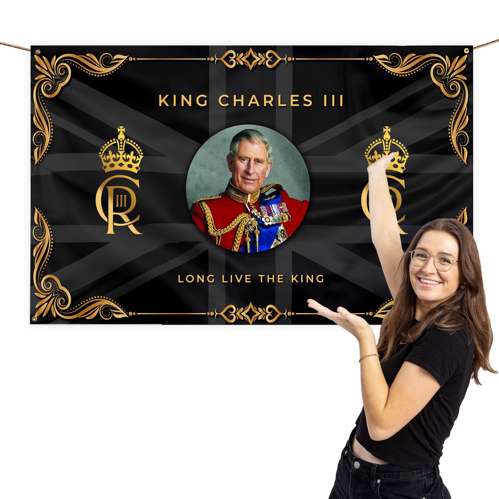 King Charles Coronation - B&W Union Jack - 5ft x 3ft Fabric Banner – https://britishmade.gifts/