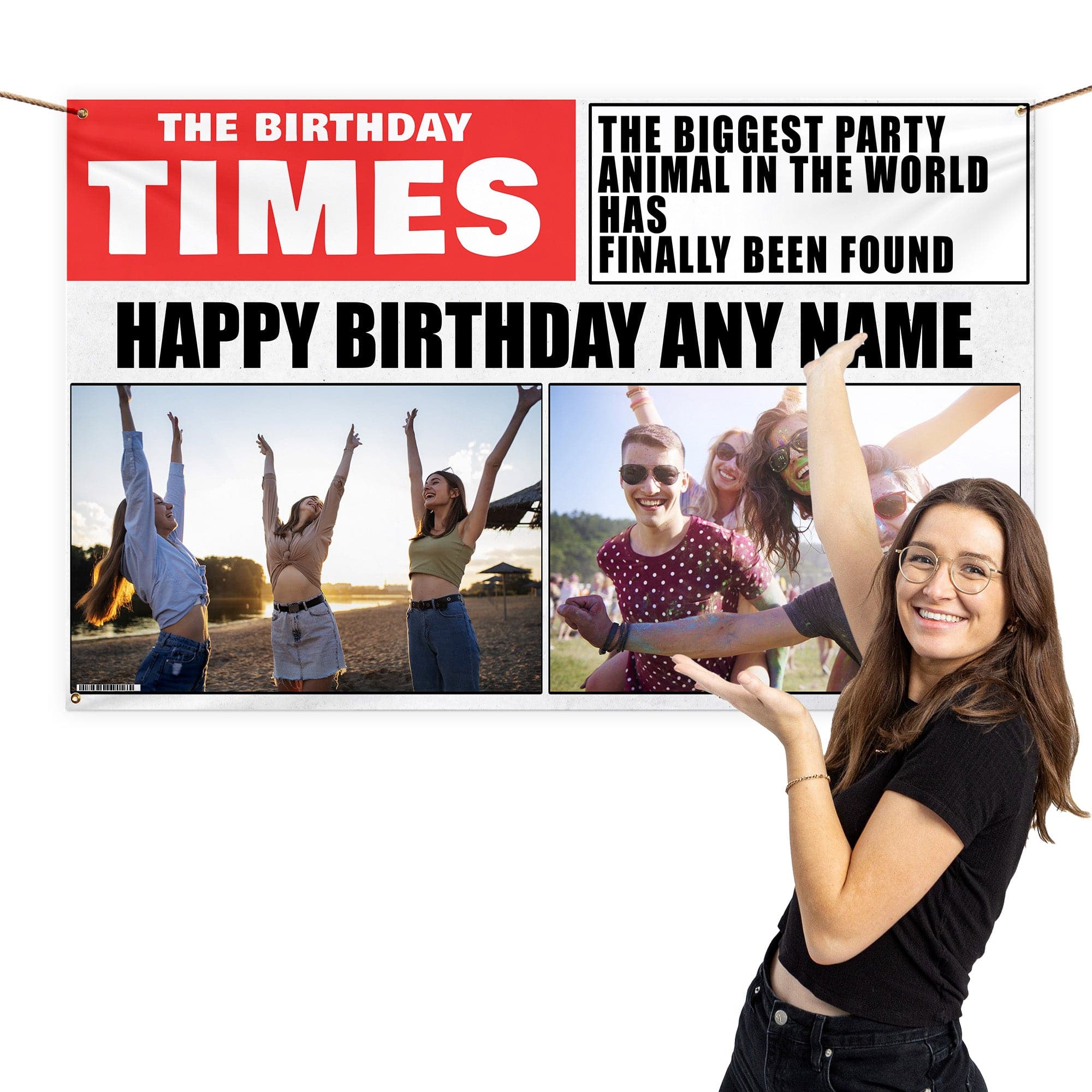 Fake News Birthday Banner - 2 Photos - Personalised 5ft x 3ft Fabric B ...