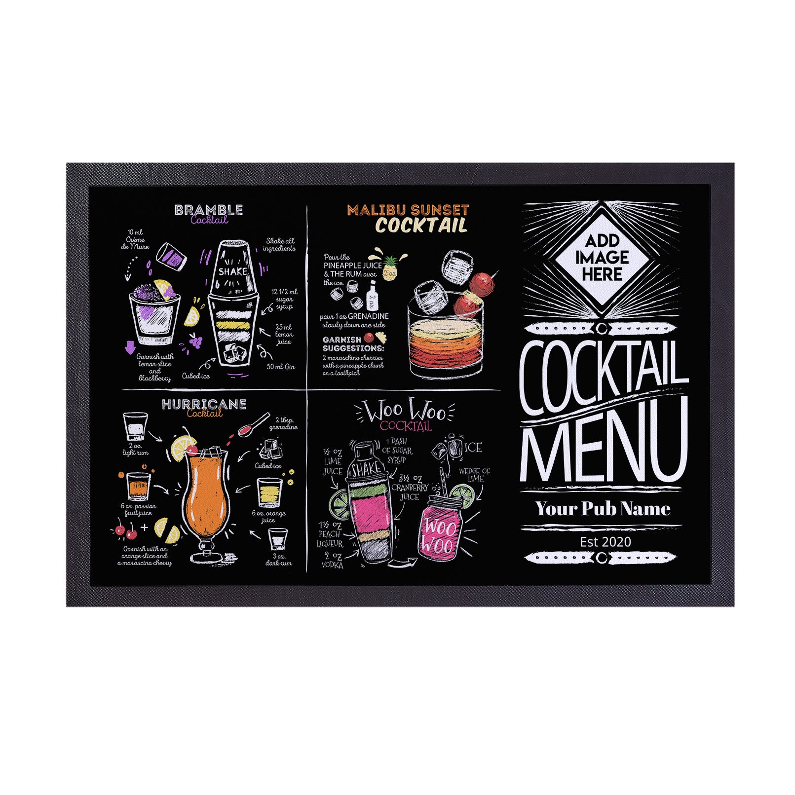 Chalk Effect Cocktail Menu - Personalised Door Mat - 60cm x 40cm ...