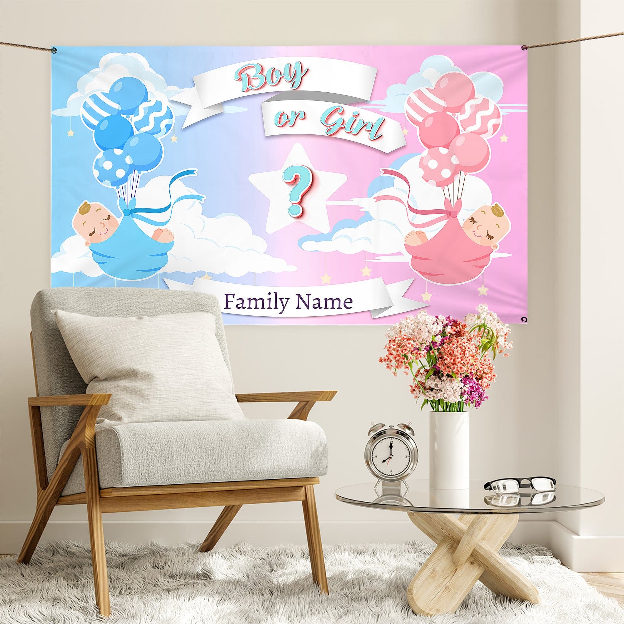 Gender Reveal Baby Banner - Personalised 5ft x 3ft Fabric Banner ...