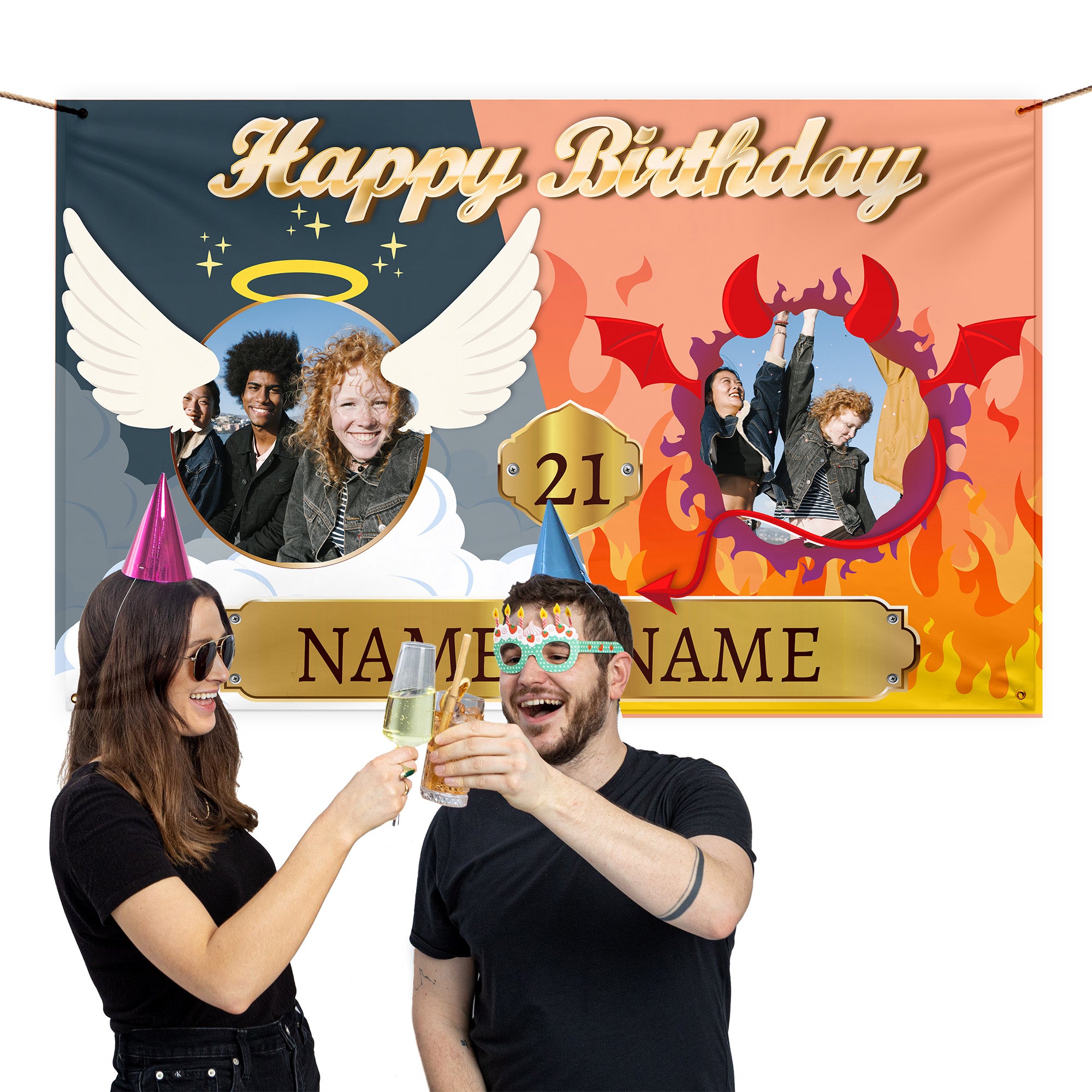 Good VS Bad Twin Birthday Banner - Personalised 5ft x 3ft Fabric Banne ...
