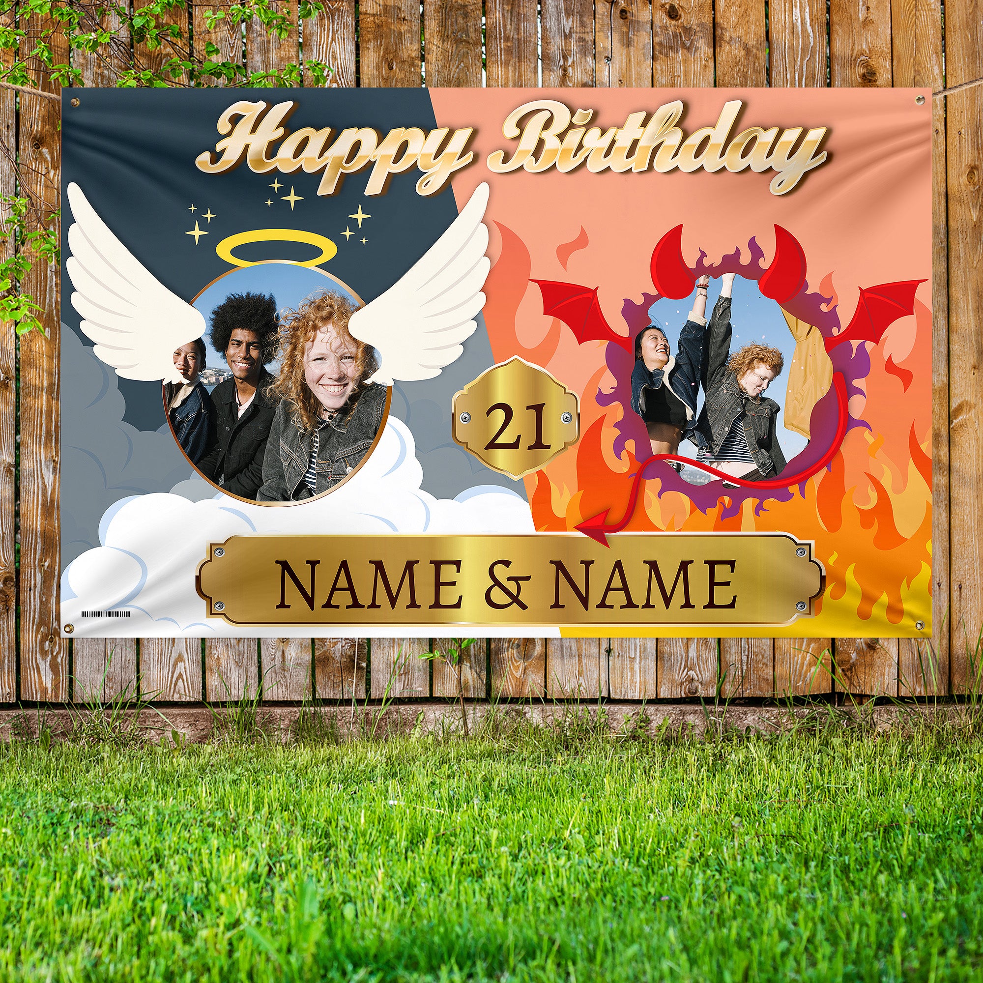 Good VS Bad Twin Birthday Banner - Personalised 5ft x 3ft Fabric Banne ...