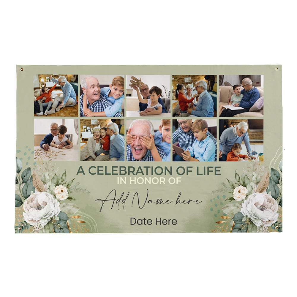 A Celebration Of Life - Green Floral - Personalised Photo 5ft x 3ft Fa ...