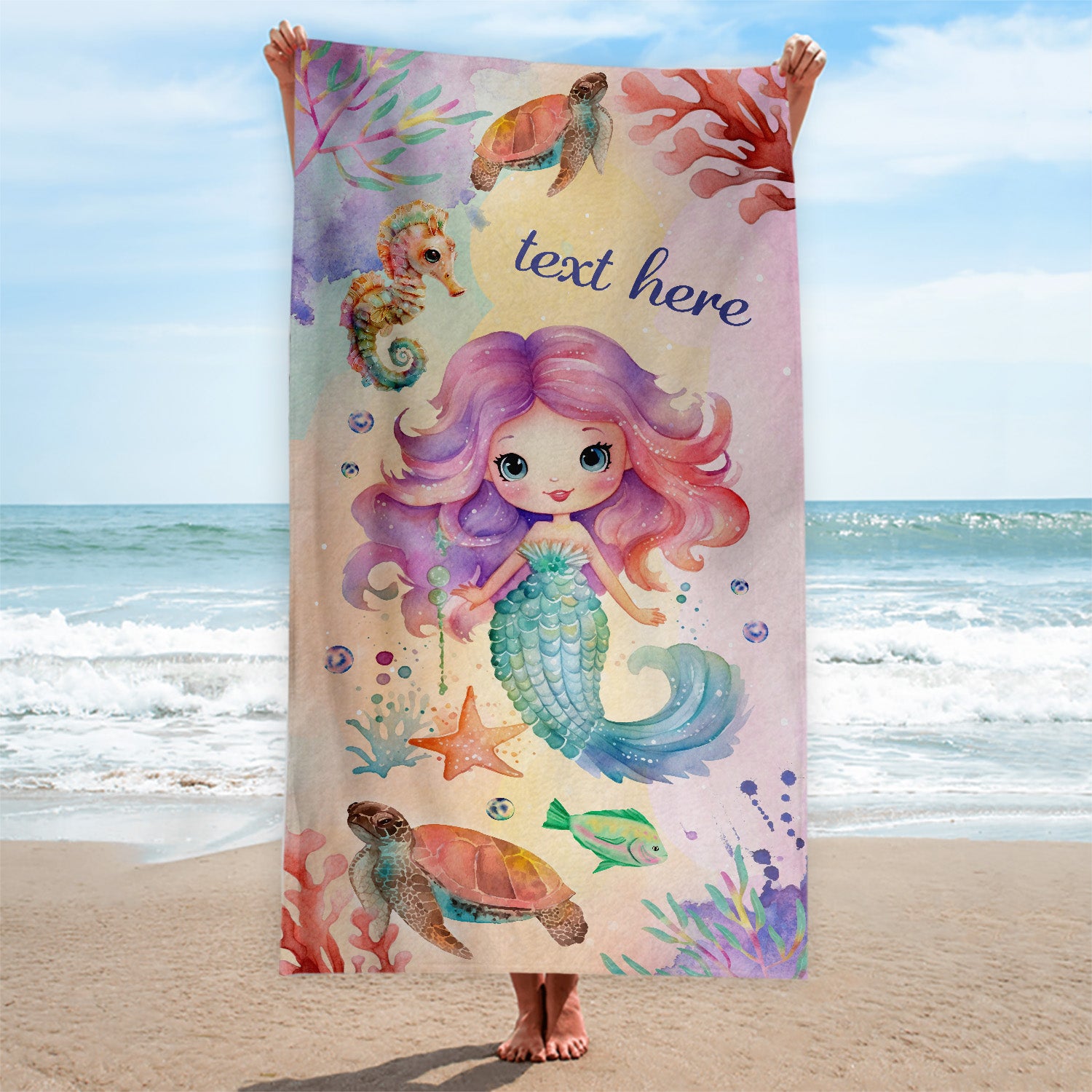 Baby Mermaid - Watercolour - Personalised Photo Beach Towel - 150CM X ...