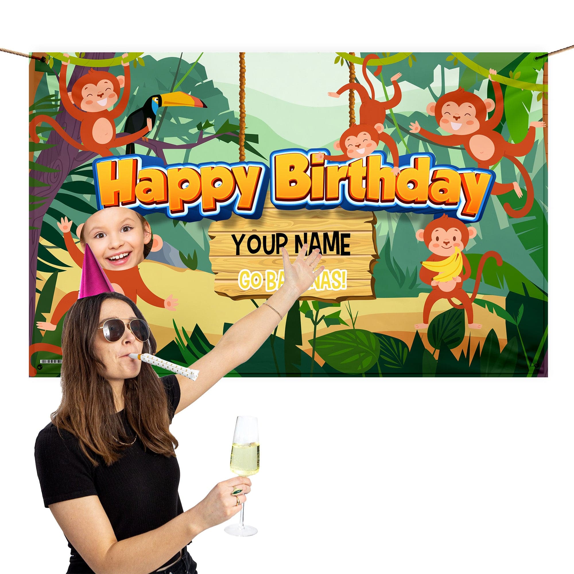 Cheeky Monkey Birthday Banner - Personalised 5ft x 3ft Fabric Banner ...