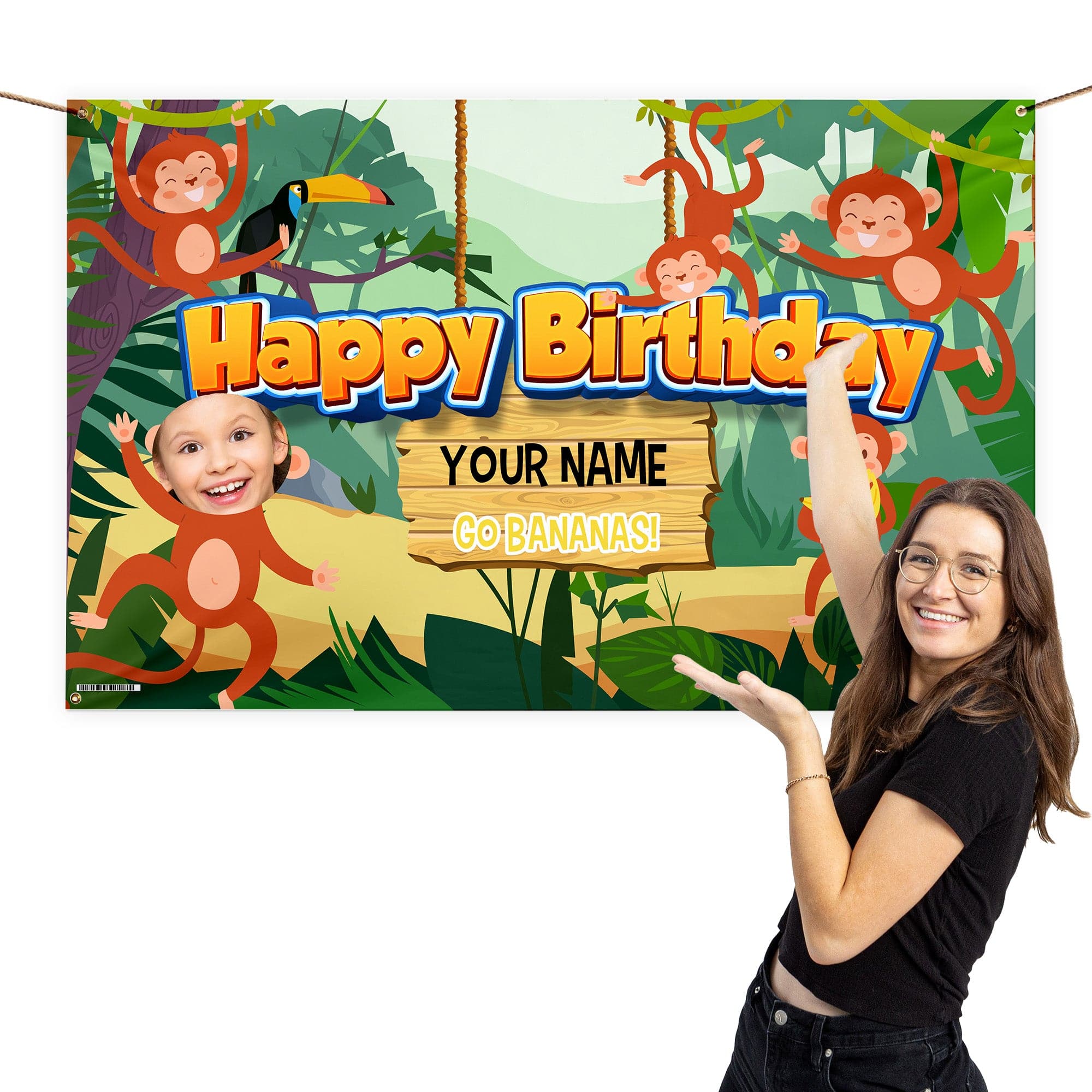 Cheeky Monkey Birthday Banner - Personalised 5ft x 3ft Fabric Banner ...