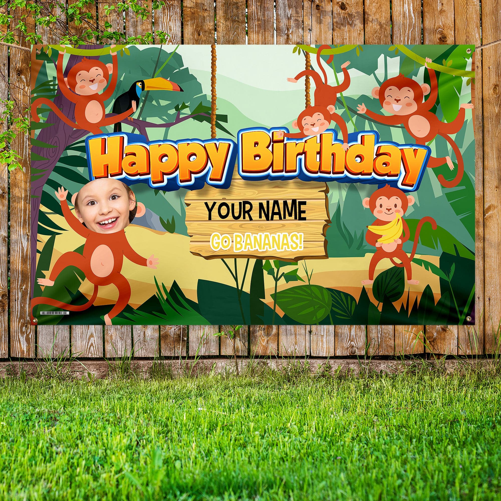Cheeky Monkey Birthday Banner - Personalised 5ft x 3ft Fabric Banner ...