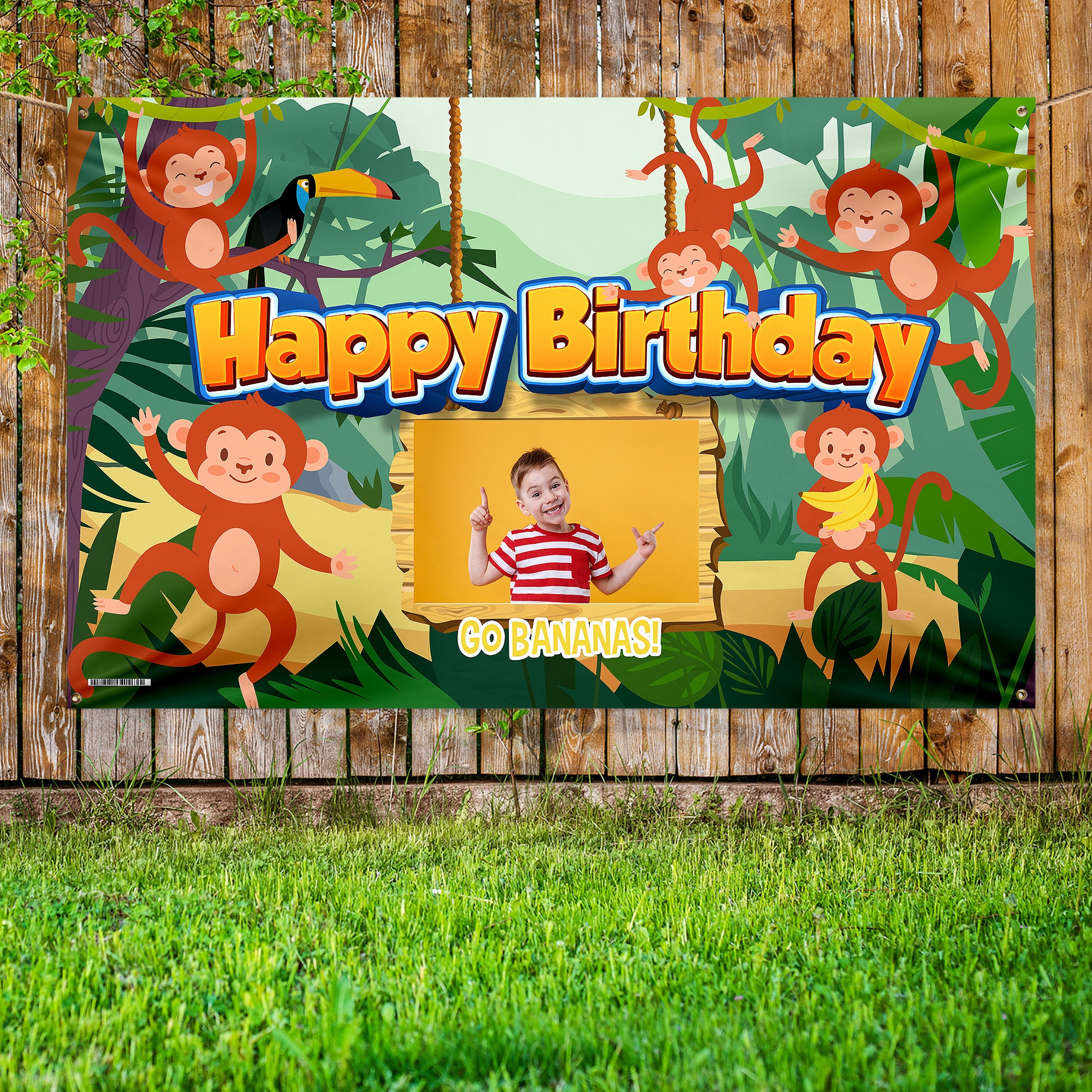 Monkey Party Birthday Banner - Personalised 5ft x 3ft Fabric Banner ...