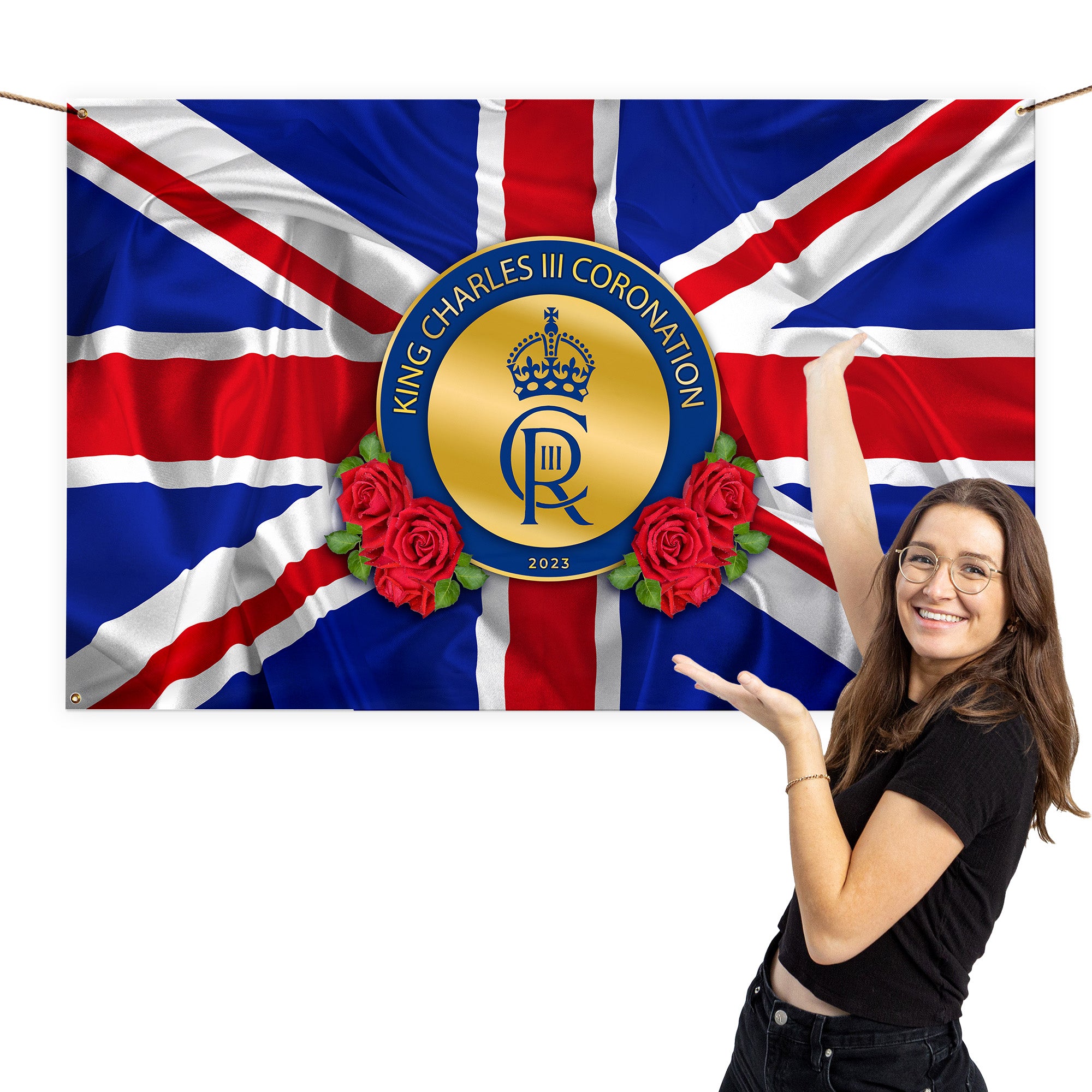 King Charles Coronation - Roses - Union Jack - 5ft x 3ft Fabric Banner ...