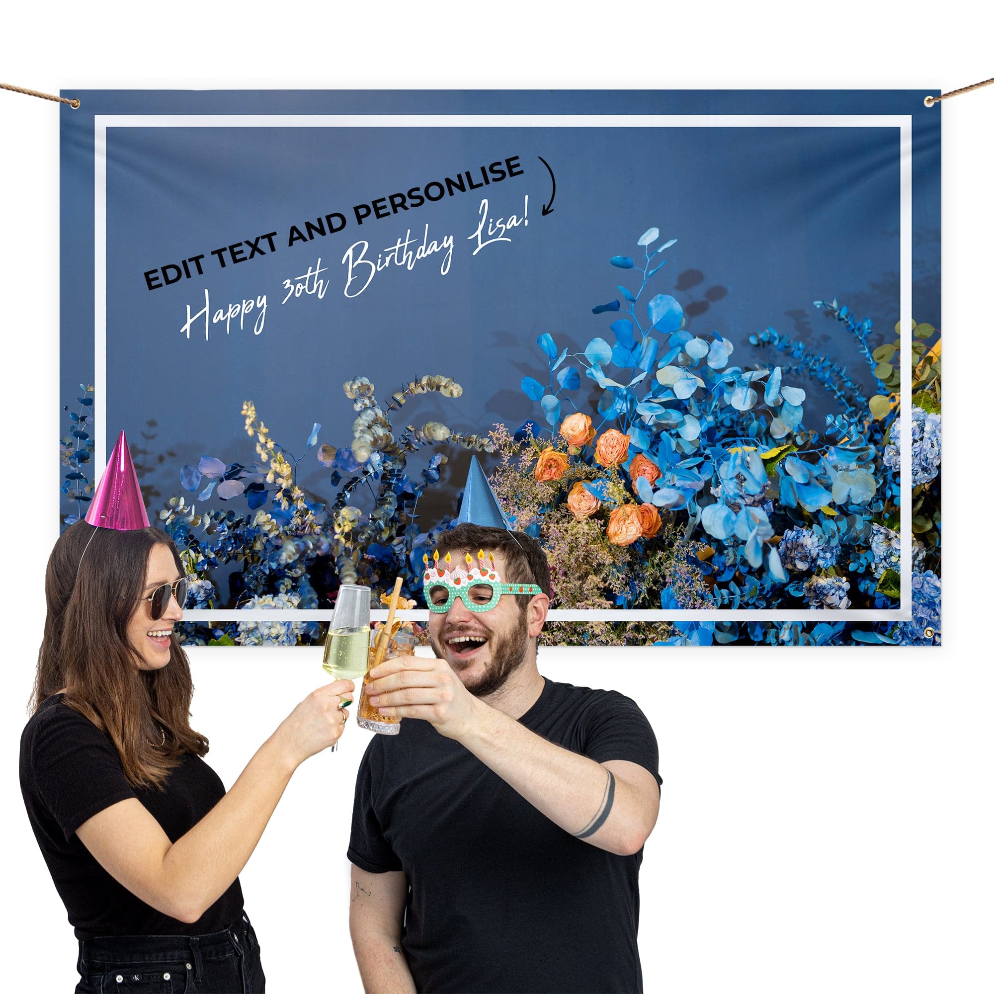 Personalised Text - Blue Flower Party Backdrop - 5ft x 3ft – https ...
