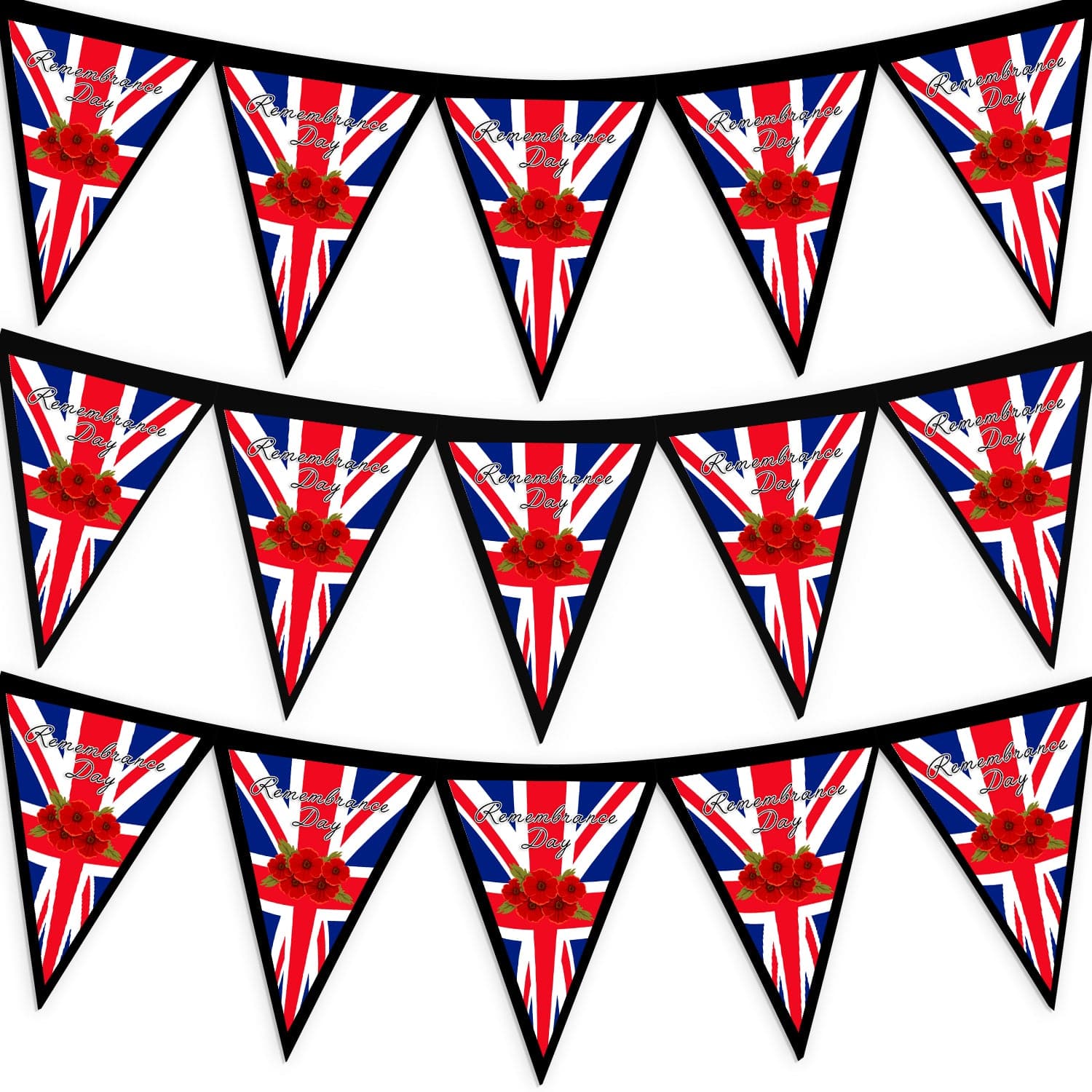 Remembrance Day - Poppy Flag - 3m Fabric Bunting With 15 Individual Tr ...