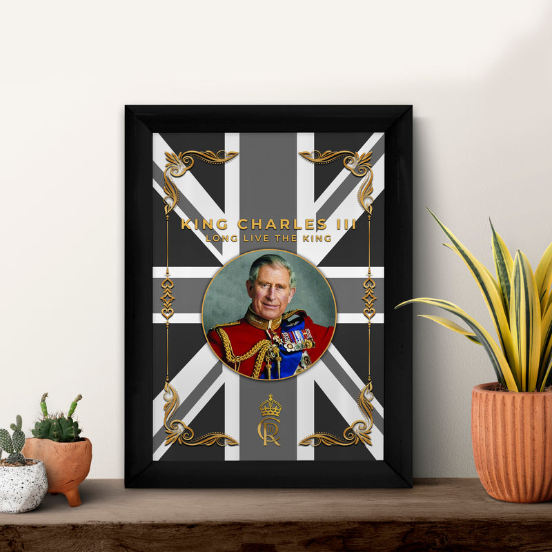 King Charles Coronation - B&W Flag - A4 Metal Print Sign Plaque - Fram