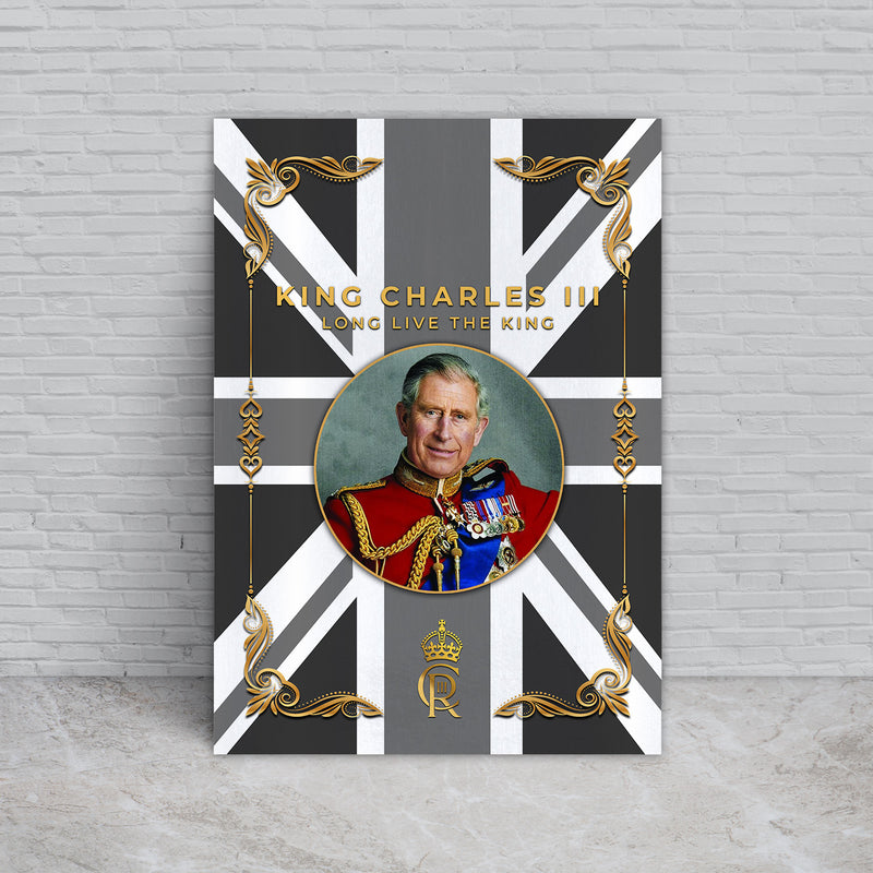 King Charles Coronation - B&W Flag - A4 Metal Print Sign Plaque - Fram