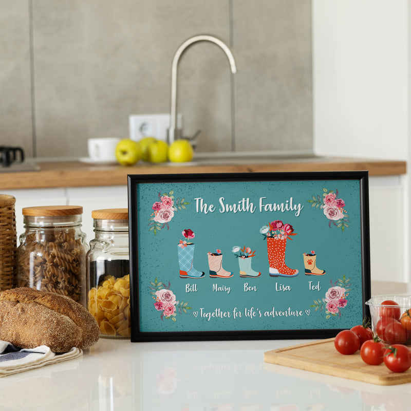 Personalised Family of 5 Wellies - A4 Metal Sign Plaque - Frame Option