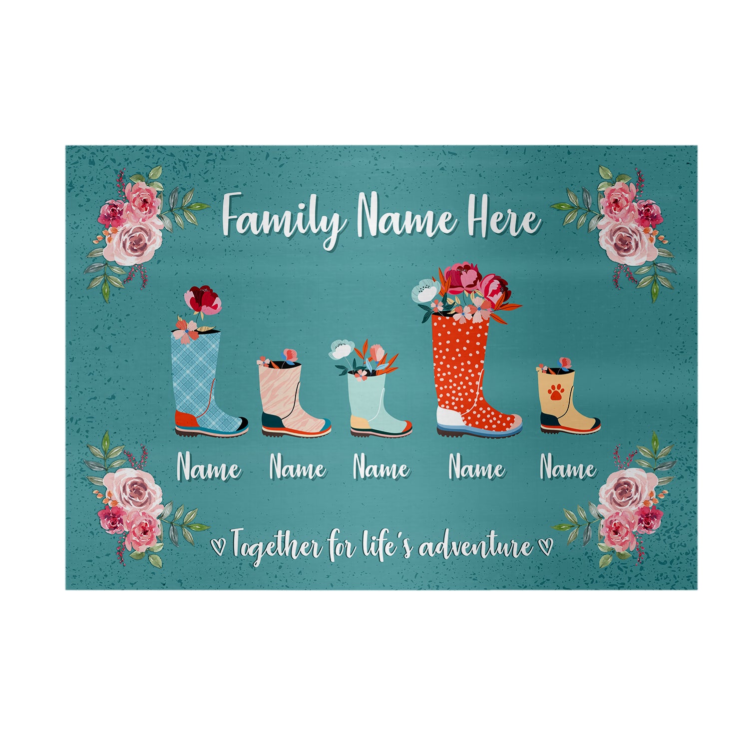 Personalised Family of 5 Wellies - A4 Metal Sign Plaque - Frame Option ...
