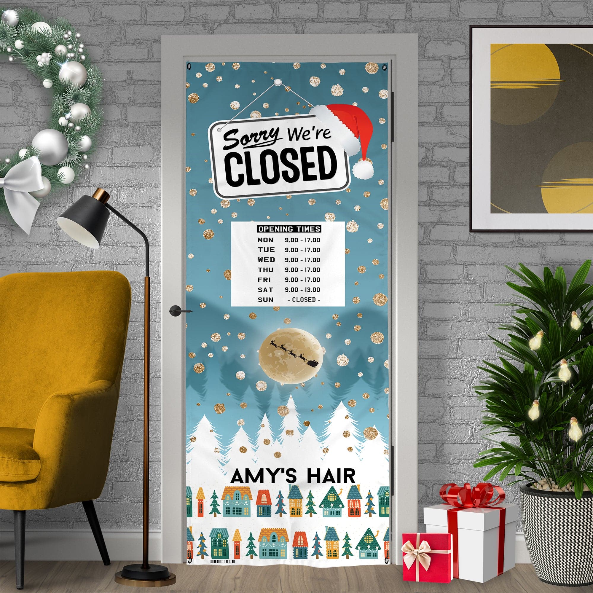 Personalised Text - Gold Snow Closed Sign - Christmas Door Banner ...