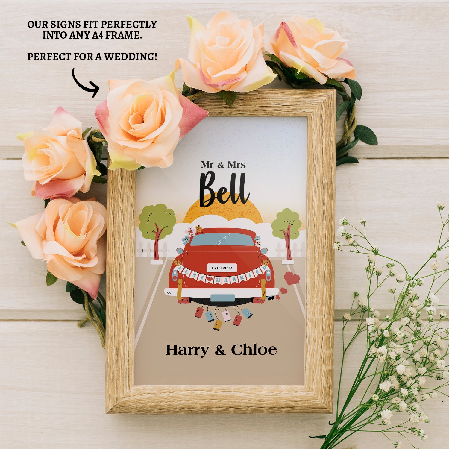 Personalised Just Married Car - A4 Metal Sign Plaque - Frame Options A ...